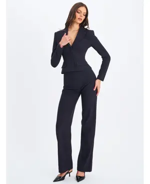 MISS CIRCLE NEW YORK Quinne Striped Single-breasted Peplum Blazer - Navy