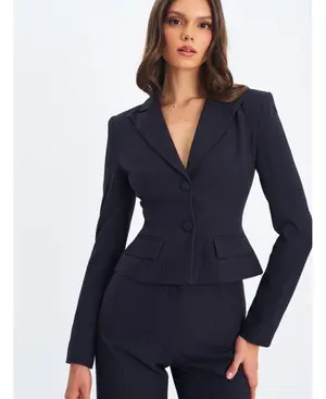 MISS CIRCLE NEW YORK Quinne Striped Single-breasted Peplum Blazer - Navy
