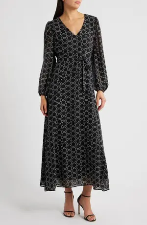 Halogen Abstract Print Long Sleeve Dress With Sash