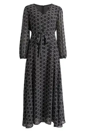 Halogen Abstract Print Long Sleeve Dress With Sash