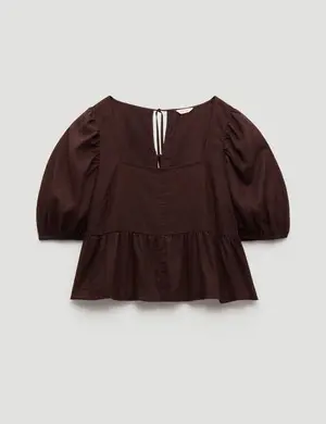 HUSH Alva Puff Sleeve Linen Top - Dark Brown