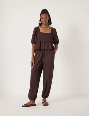 HUSH Alva Puff Sleeve Linen Top - Dark Brown