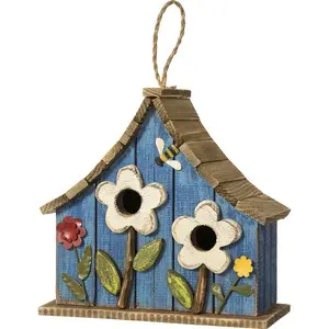 GLITZHOME Distressed Solid Wood Birdhouse With 3d Flowers - Blue