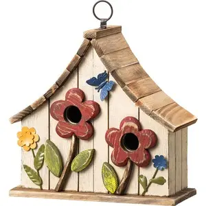 GLITZHOME Distressed Solid Wood Birdhouse With 3d Flowers - White