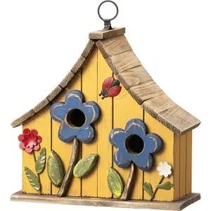 GLITZHOME Distressed Solid Wood Birdhouse With 3d Flowers - Yellow