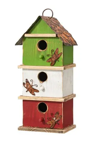 GLITZHOME 13.75"h Multicolored Three-tiered Distressed Solid Wood Birdhouse - Green
