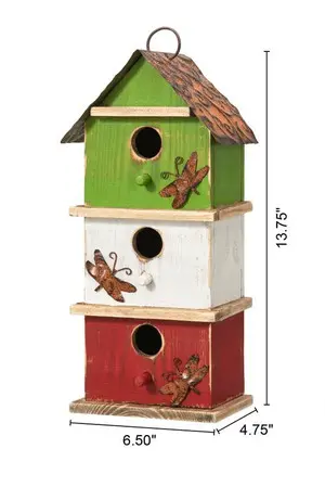 GLITZHOME 13.75"h Multicolored Three-tiered Distressed Solid Wood Birdhouse