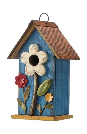 GLITZHOME 10"h Multicolor Cute Distressed Solid Wood Birdhouse With 3d Flowers - Blue