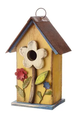 GLITZHOME 10"h Multicolor Cute Distressed Solid Wood Birdhouse With 3d Flowers - Yellow