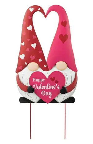 GLITZHOME 30"h Valentine's Metal Gnome Couple Yard Stake - Red