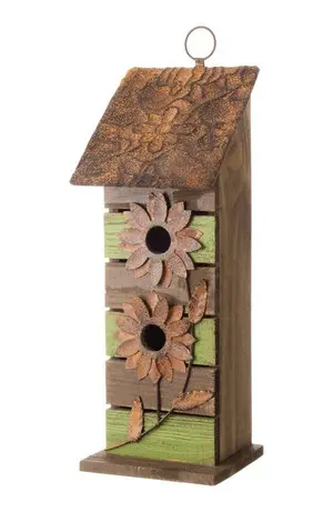 GLITZHOME 14.5"h Two-tiered Distressed Solid Wood Birdhouse With Flowers - Green