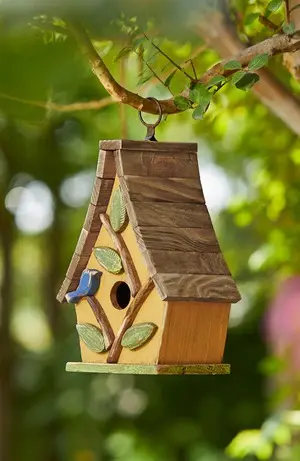 GLITZHOME 9.5"h Distressed Solid Wood Birdhouse With 3d Leaves - Yellow