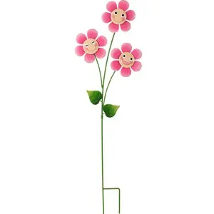 GLITZHOME 36"h Garden Metal Triple Happy Face Flower Yardstake Or Wall Decor - Pink