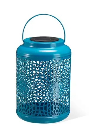 GLITZHOME Metal Cutout Scrollwork Solar Powered Outdoor Hanging Lantern With Led Light - Blue