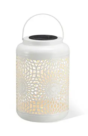 GLITZHOME Metal Cutout Scrollwork Solar Powered Outdoor Hanging Lantern With Led Light - White
