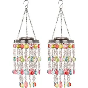 GLITZHOME Set Of 2 Solar Lighted Acrylic Jewel Beaded Wind Chime Or Chandelier Hanging Decor - Red