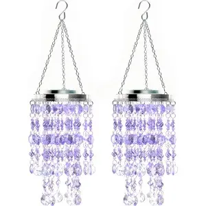 GLITZHOME Set Of 2 Solar Lighted Acrylic Jewel Beaded Wind Chime Or Chandelier Hanging Decor - White
