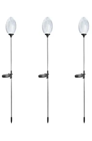 GLITZHOME Set Of 3 Solar Stake Oval Flower Light With Stainless Steel Pole - Black