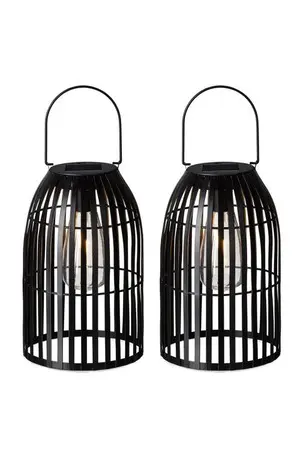 GLITZHOME Set Of 2 Metal Woven Solar Powered Outdoor Hanging Lantern With Edison Bulb - Black