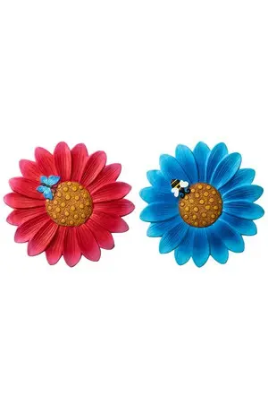 GLITZHOME Set Of 2 Cement Flower Style And Textured Stepping Stones With Butterfly And Bee - Blue