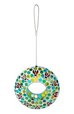 GLITZHOME Glass Round Hanging Multi-color Mosaic Birdfeeders