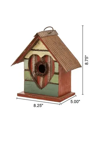 GLITZHOME 8.75"h Distressed Solid Wood Birdhouse With Heart