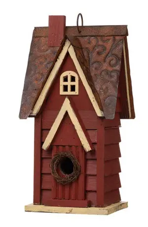 GLITZHOME 12"h Retro Distressed Painted Solid Wood Cottage Birdhouse - Red