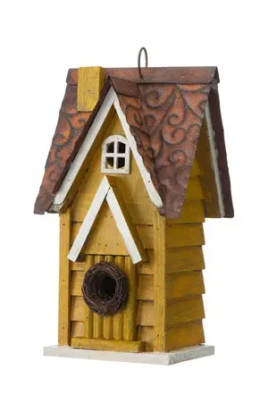 GLITZHOME 12"h Retro Distressed Painted Solid Wood Cottage Birdhouse - Yellow