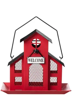 GLITZHOME 12"h Metal House Hanging Birdfeeder - Red