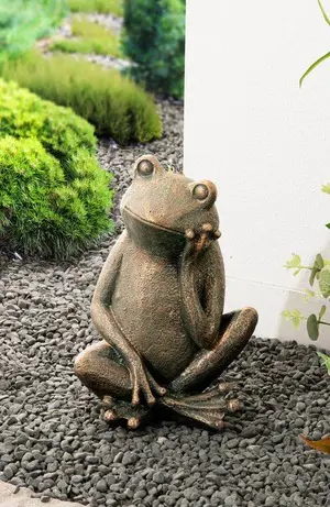 GLITZHOME 12"h Resin Bronze Sitting Frog Statue