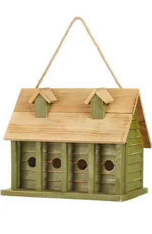GLITZHOME 14.25"l Oversized Distressed Solid Wood Cottage Birdhouse With Natural Wood Roof - Green
