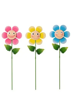GLITZHOME Set Of 3 Metal Happy Face Flower Hydrangea Picks Wall Decor - Blue