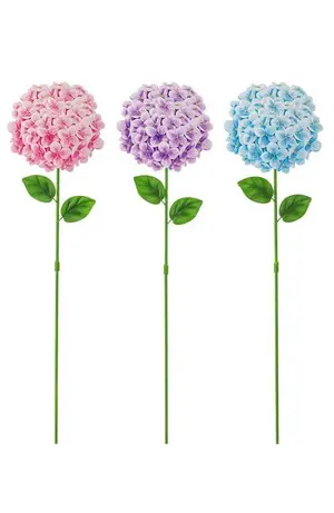 GLITZHOME Set Of 3 Metal Happy Face Flower Hydrangea Picks Wall Decor - Pink