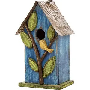 GLITZHOME 10"h Multicolor Cute Distressed Solid Wood Birdhouse With 3d Flowers - Blue