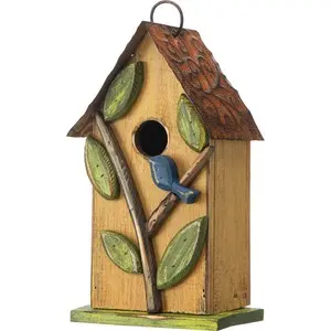 GLITZHOME 10"h Multicolor Cute Distressed Solid Wood Birdhouse With 3d Flowers - Yellow