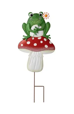 GLITZHOME 30"h Multi-functional 2-in-1 Metal Stacked Mushroom And Frog Garden Yardstake Wall Decor - Green