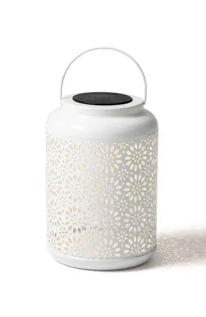 GLITZHOME Metal Cutout Flower Solar Powered Outdoor Hanging Lantern With Led Light - White