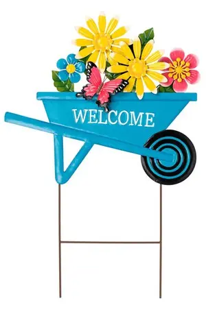GLITZHOME 30"h Metal Spring Garden Cart Yardstake Or Wall Décor - Blue
