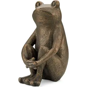 GLITZHOME 12"h Resin Bronze Squatting Frog Statue - Brown