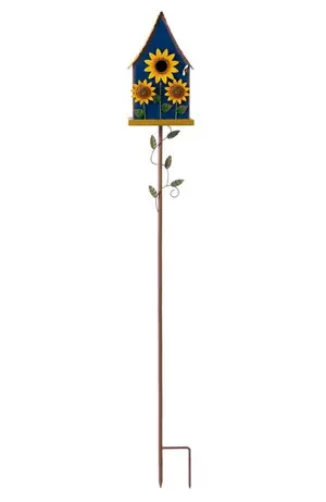 GLITZHOME 52"h Metal Daisy Decorative Garden Birdhouse With Stake - Blue