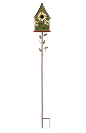 GLITZHOME 52"h Metal Daisy Decorative Garden Birdhouse With Stake - Green