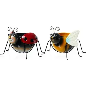 GLITZHOME Set Of 2 Metal Bee And Ladybug Metal Staute Planters With Drainage Hole - Red