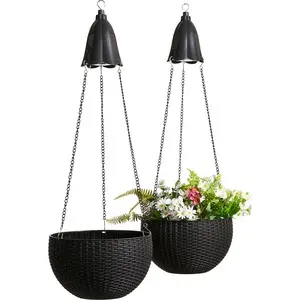 GLITZHOME Set Of 2 Solar Lighted Hanging Plastic Basket Planters - Black