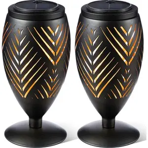 GLITZHOME Set Of 2 Metal Cutout Stripe Pattern Solar Powered Outdoor Lantern With Led Light - Black