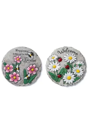 GLITZHOME Set Of 2 Cement Flower Textured Stepping Stones - Grey