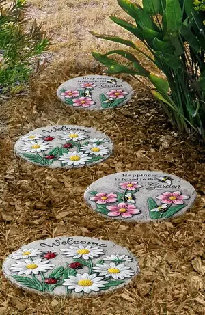 GLITZHOME Set Of 2 Cement Flower Textured Stepping Stones