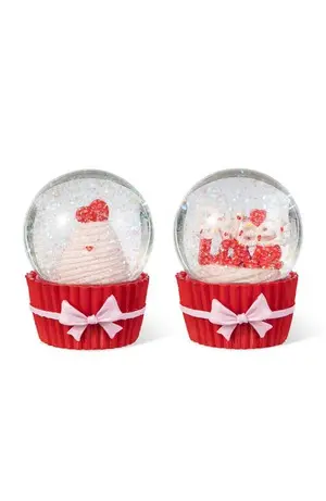 GLITZHOME 3.25"h Set Of 2 65mm Valentine's Resin Cupcakes Waterglobes - Red