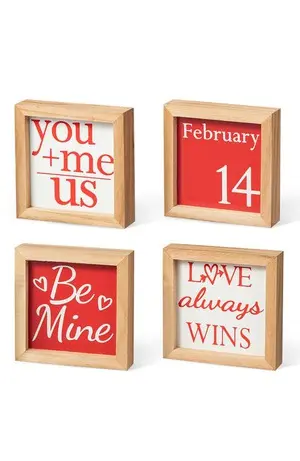 GLITZHOME 4"h Set Of 4 Valentine's Wooden Block Table Decor - Red