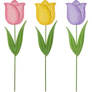 GLITZHOME Set Of 3 Easter Metal Tulips Yard Stake - Yellow