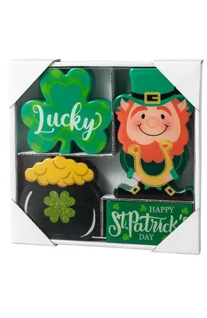 GLITZHOME Set Of 4 St. Patrick's Epoxy Wooden Shamrock & Pot Of Gold & Leprechaun Table Decor - Green